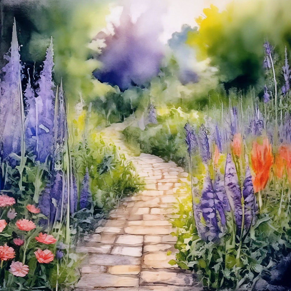 "The series "In the garden" watercolor, path among flowers in the ...