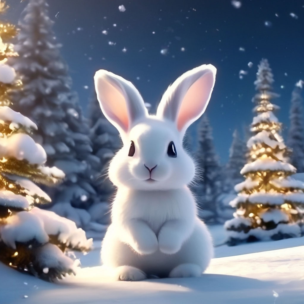 "Cute fluffy white bunny, in a snow-covered clearing with Christmas ...
