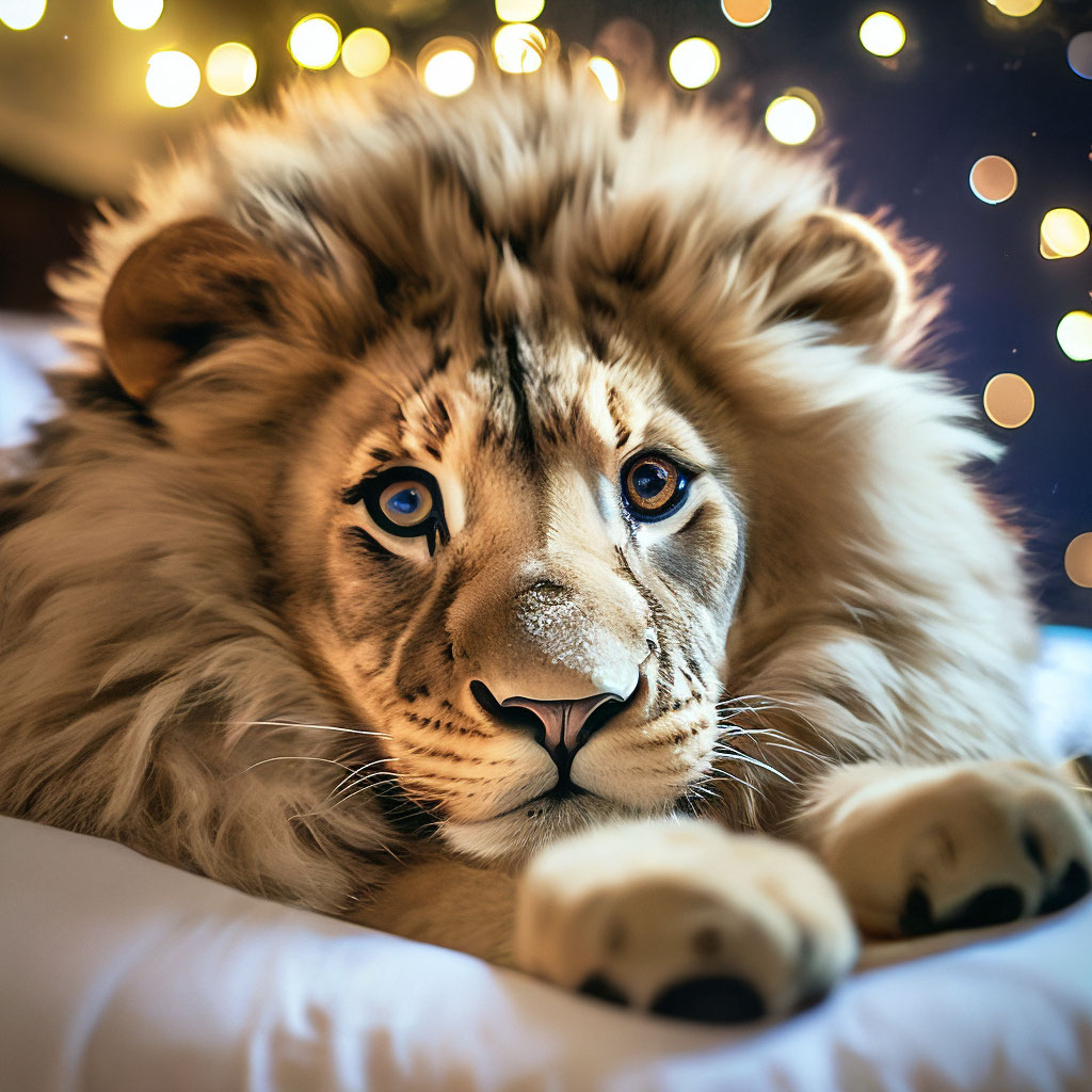 "A fabulous, fluffy lion with big bulging eyes hugs a pillow with a ...