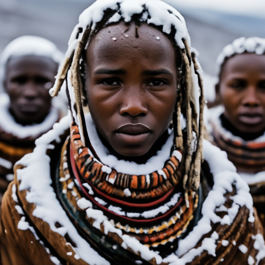 "African tribe saw snow for the first time" — image created in Shedevrum