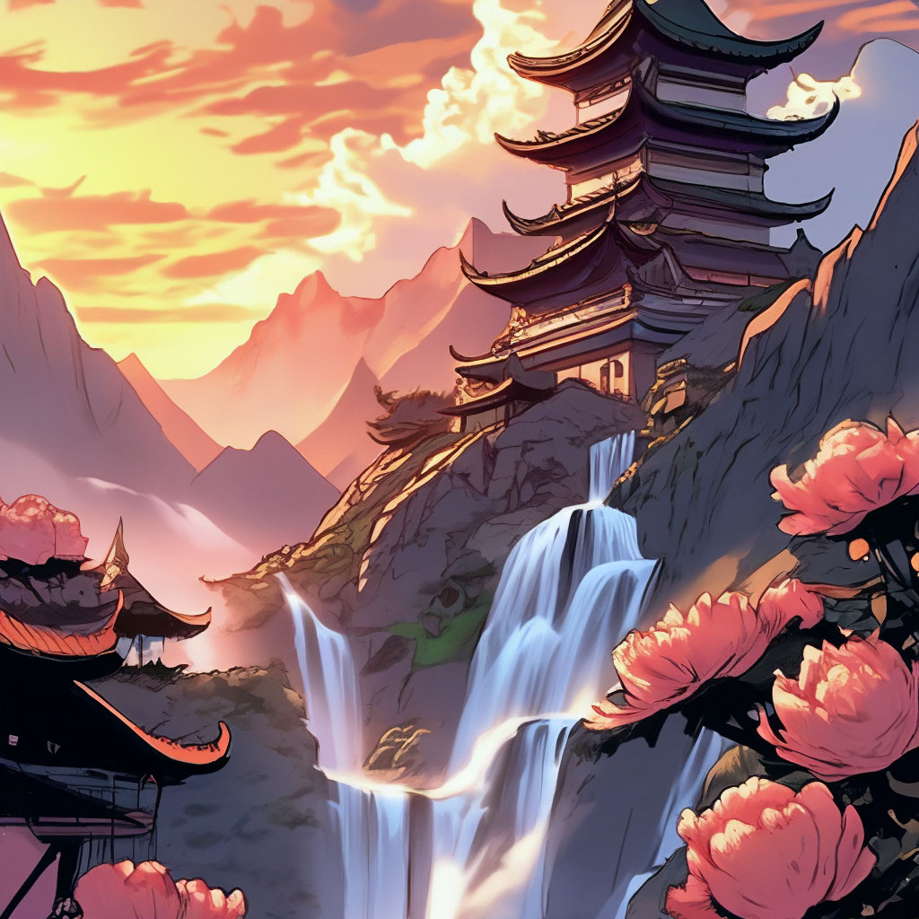 "Comics art, comic book cover, chinese mountains with waterfalls ...
