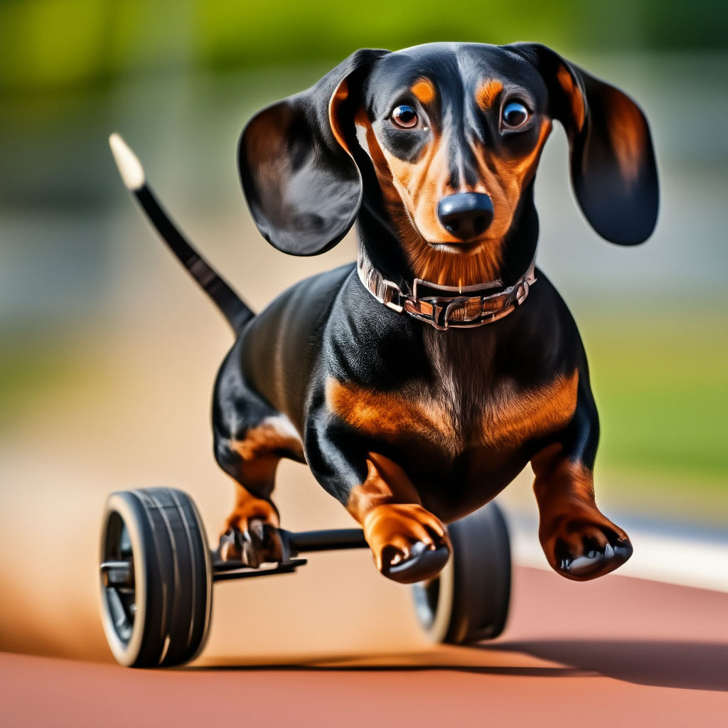 "Bull dachshund side on wheels" — image created in Shedevrum