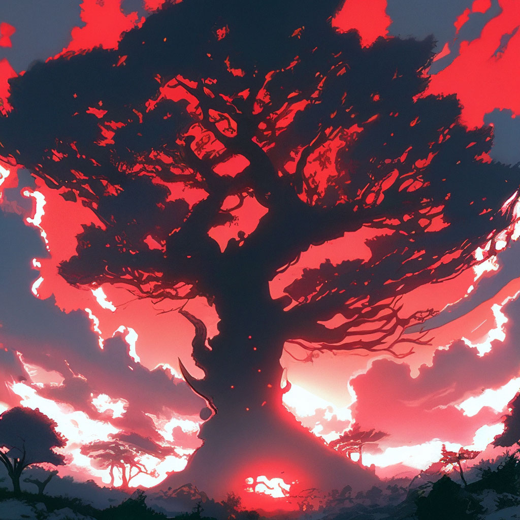 "Red sky, red trees, black flowers ,a demon looks out of the sky, anime ...