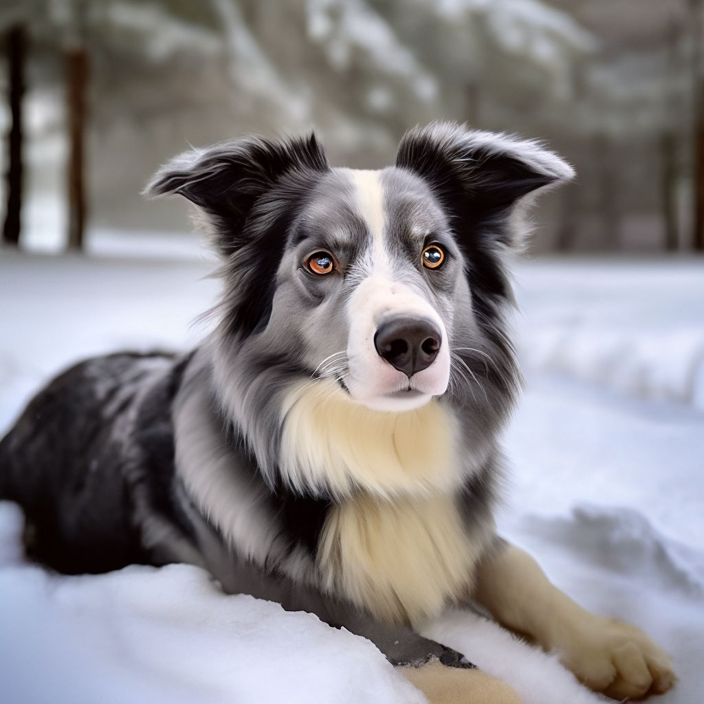 "A grey border collie is lying in the snow" — image created in Shedevrum
