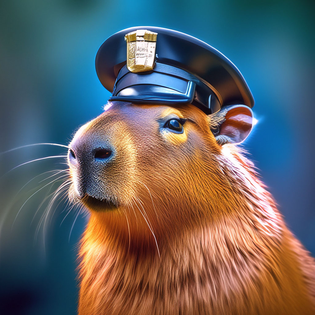 "Hyper realistic sad capybara in a police cap on his head is sadly ...