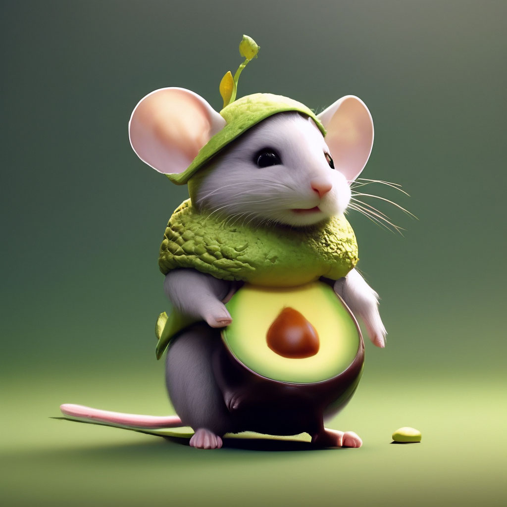 "A_bba Hybrid mouse + avocado. a mouse in an avocado costume, silver ...
