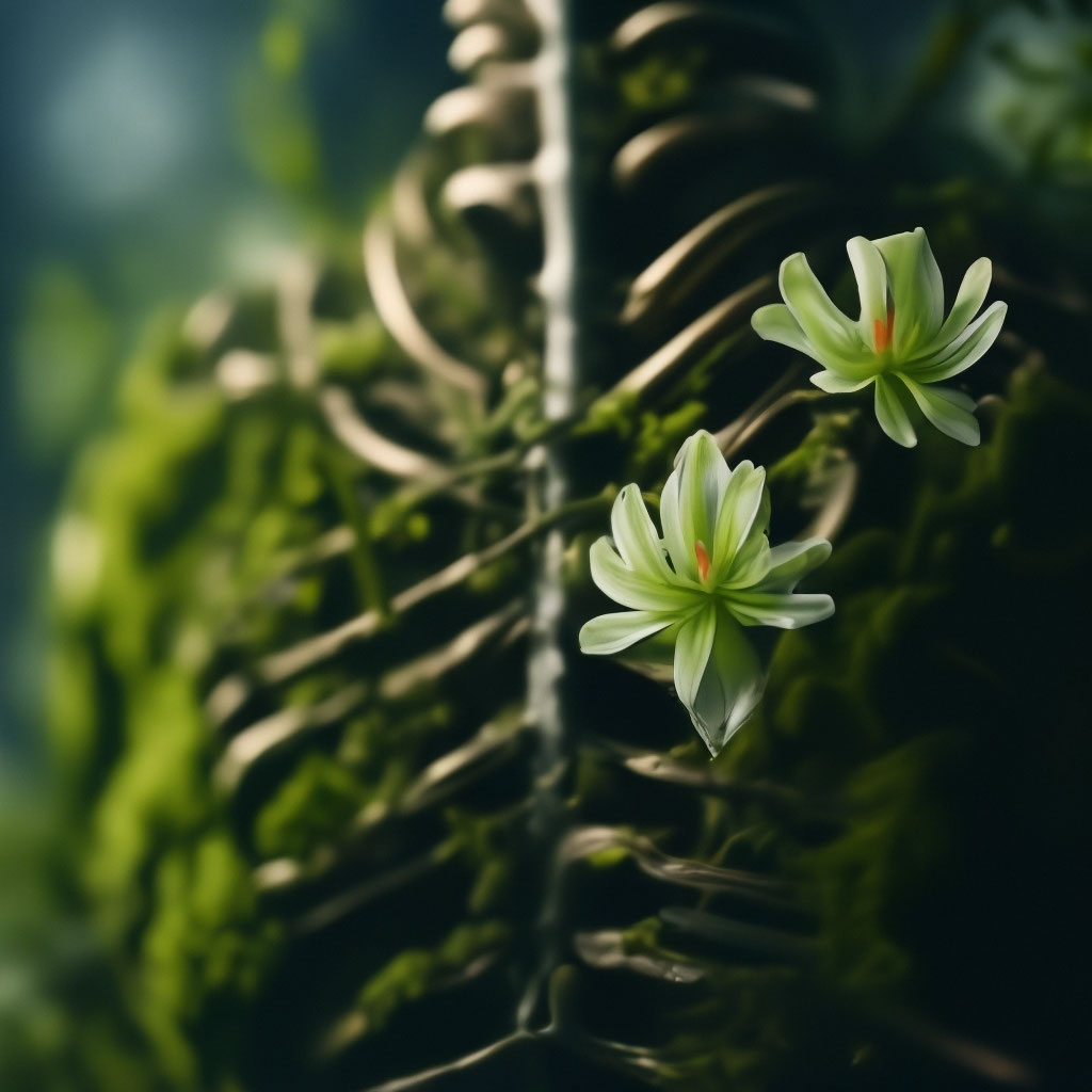 "Lycorises and rare green moss grow from human ribs, close-up, semi ...