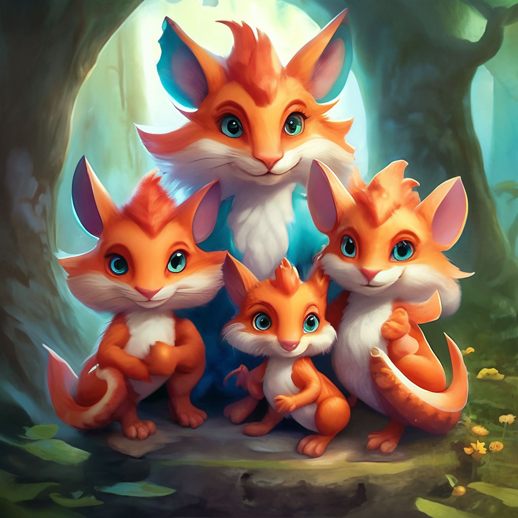 "A family of cute fairy-tale creatures a cross between a dragon and a ...