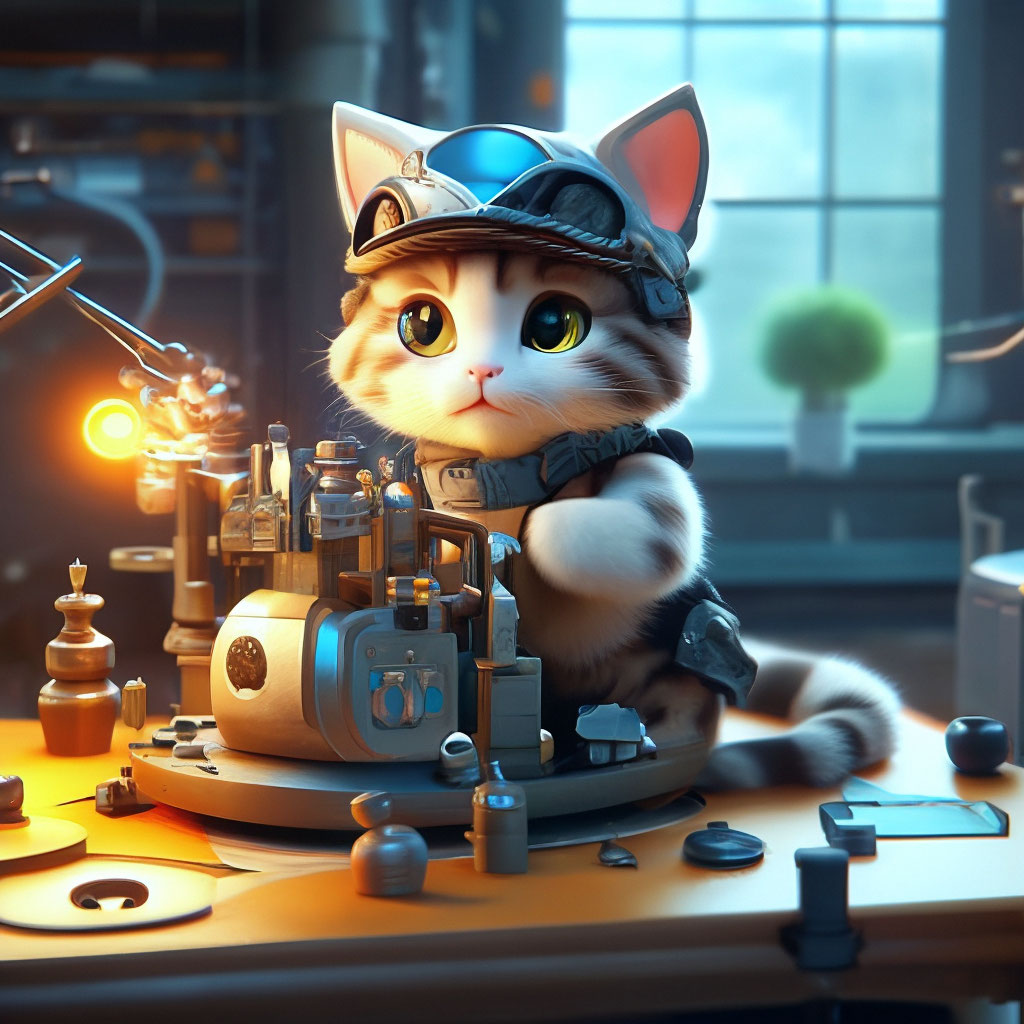 "The cat engineer is developing a new device" — image created in Shedevrum