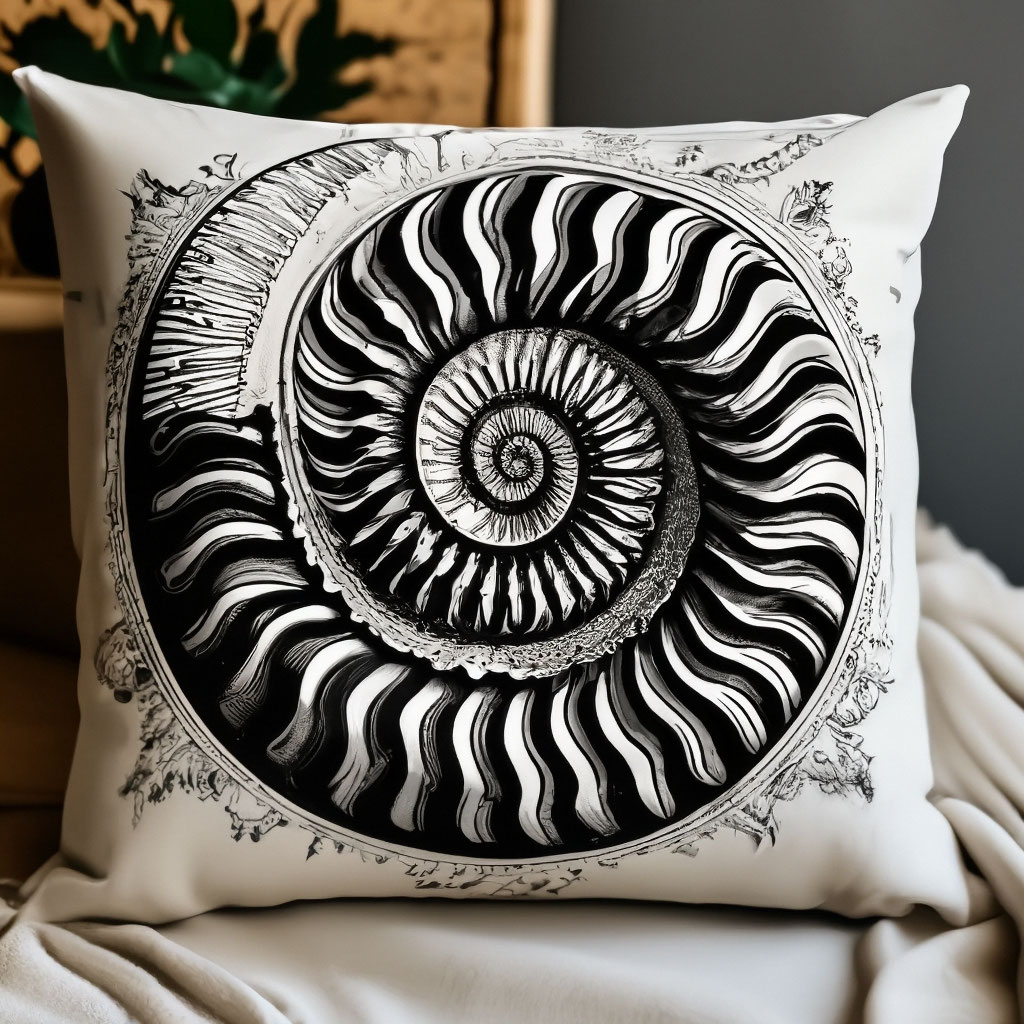 "Paleontological drawing, ammonite in section on a pillow, black, white ...