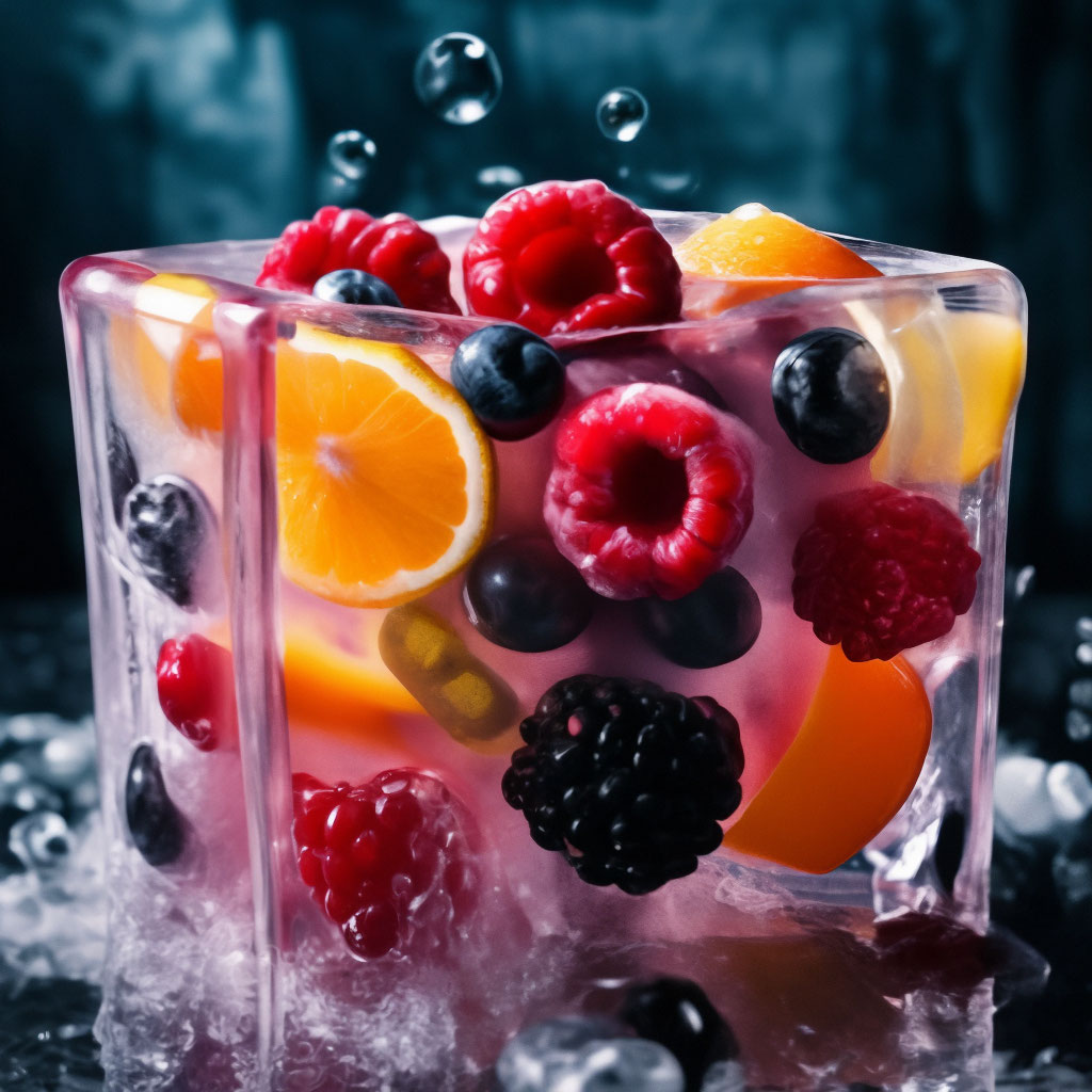 "Berries & pieces of fruit in ice" — image created in Shedevrum