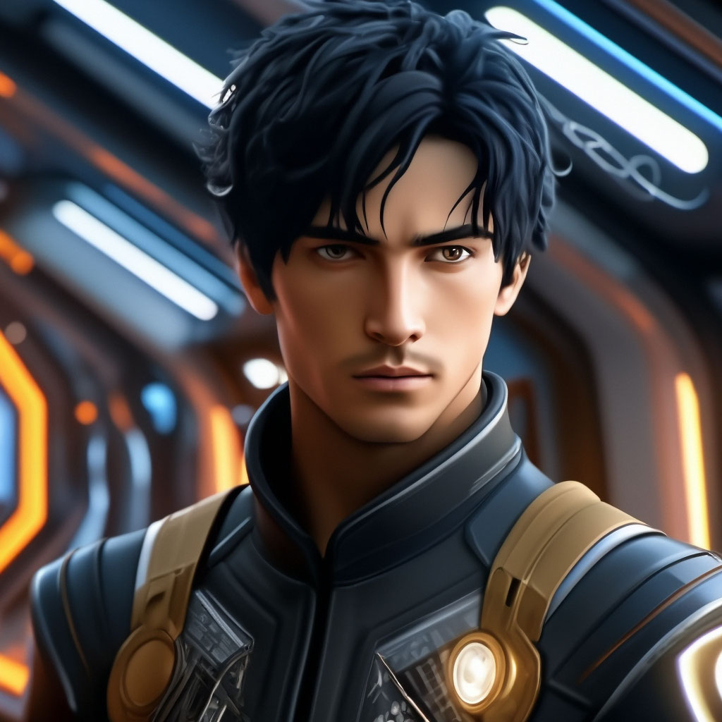 "Deep space, star system,eagle rift, young ship captain, black hair ...