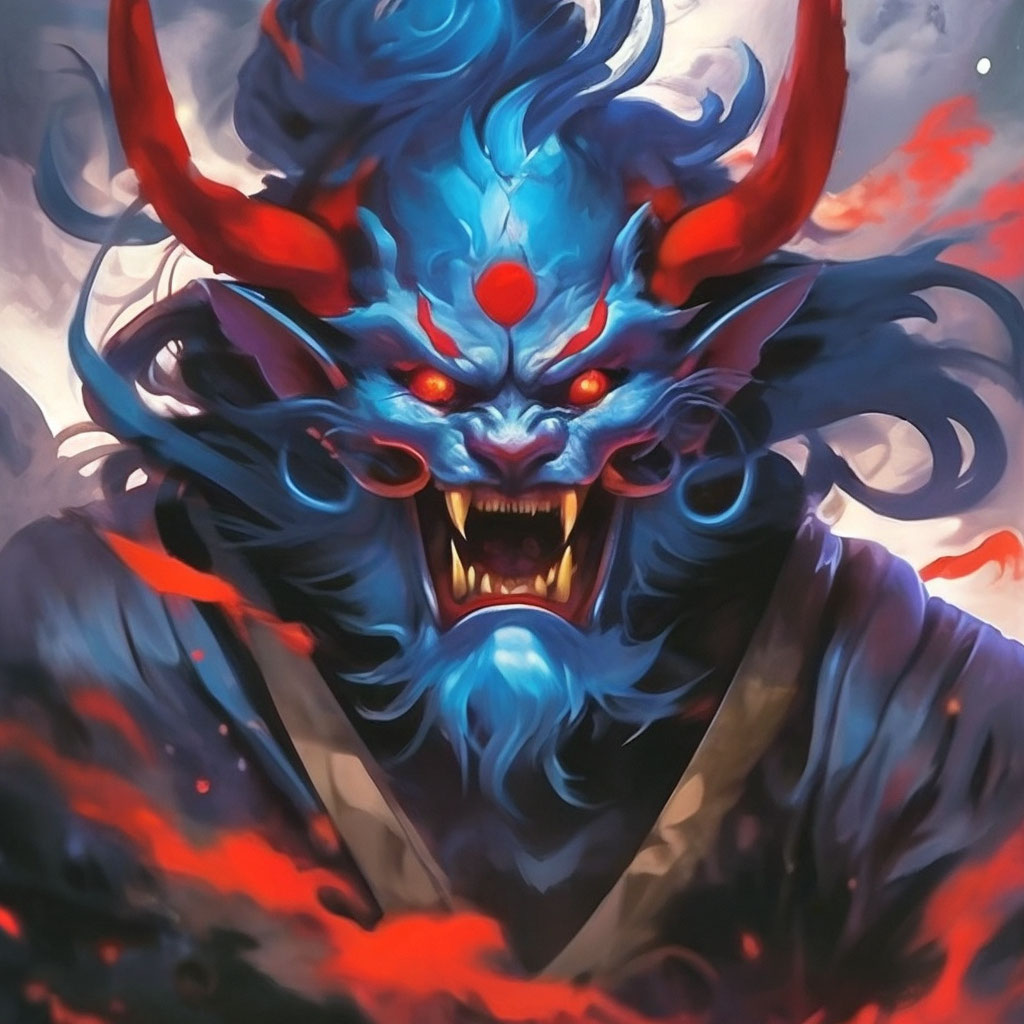 "A vivid image of a Japanese demon-youkai. Dark colors, expressive ...