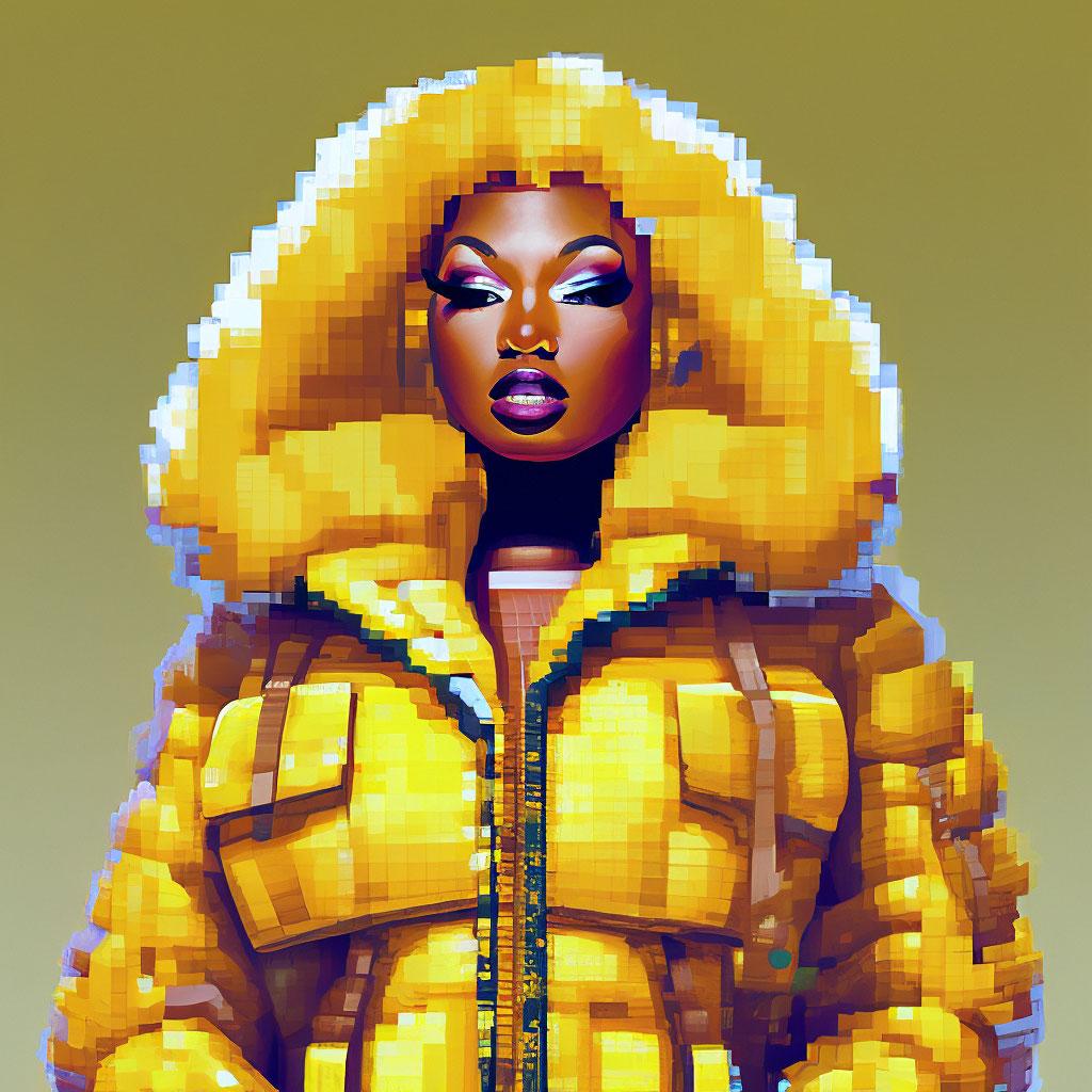 "Pixel Megan Thee Stallion in a bright yellow down jacket with white ...