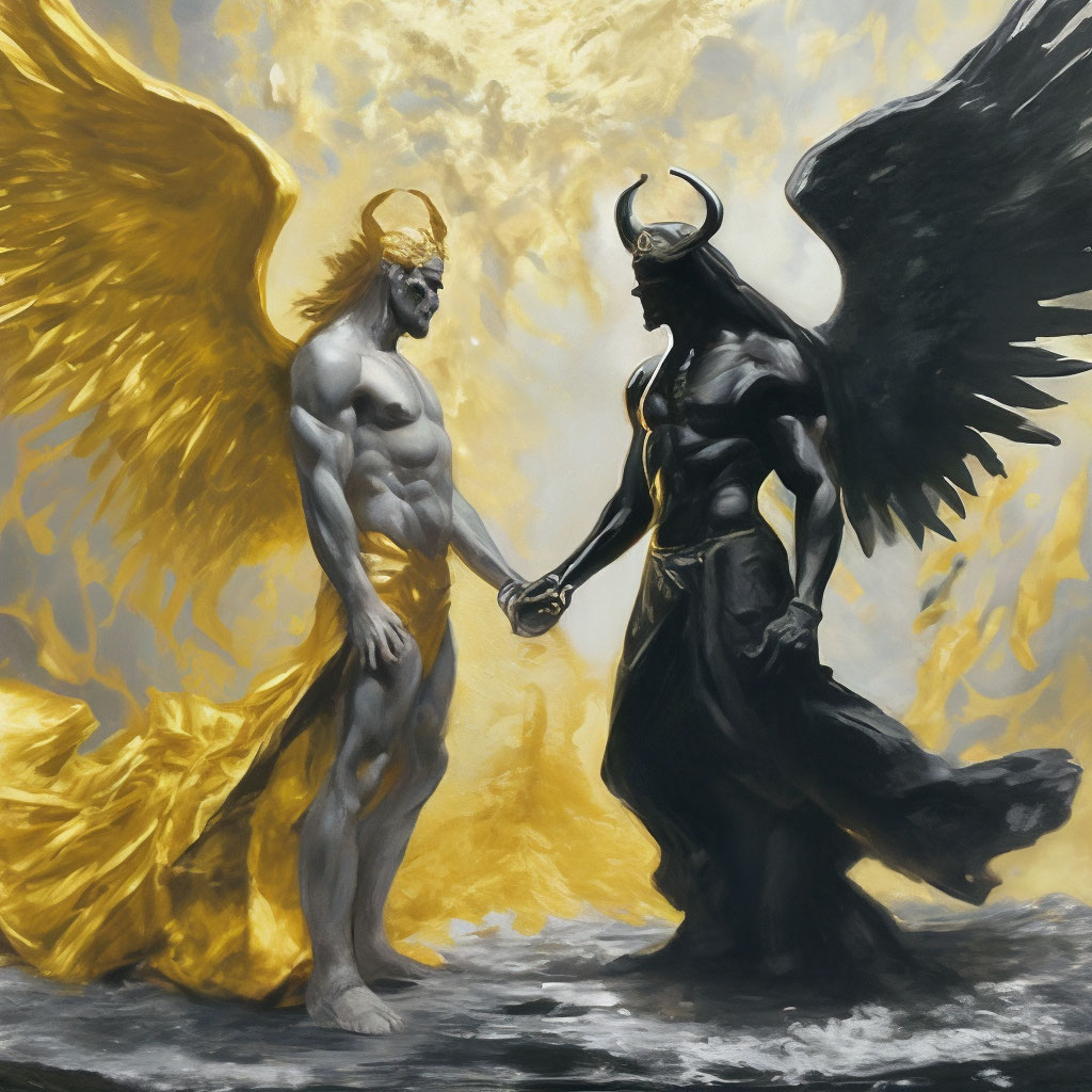 "Two, an angel in gold dust and a demon in black tar, despair" — image ...
