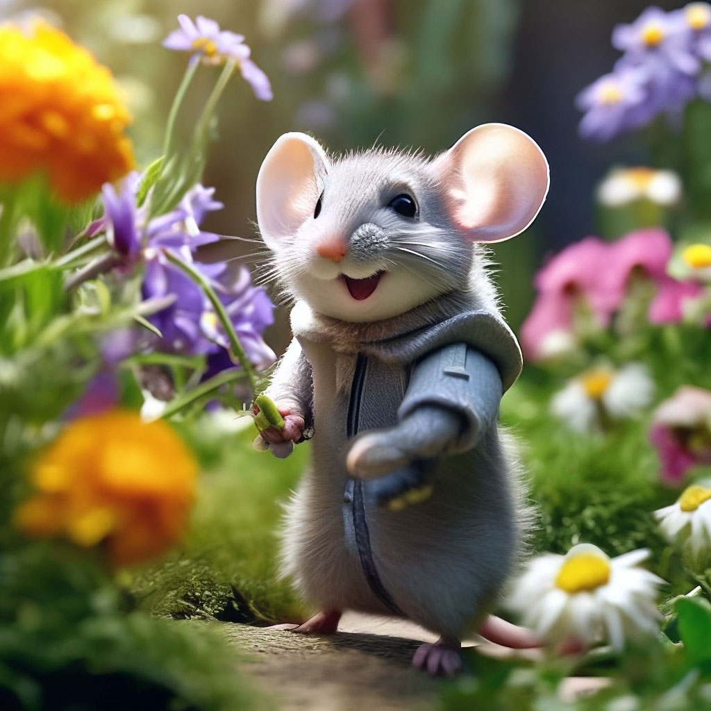 "Anthropomorphic cute gray mouse takes care of beautiful flowers in the ...