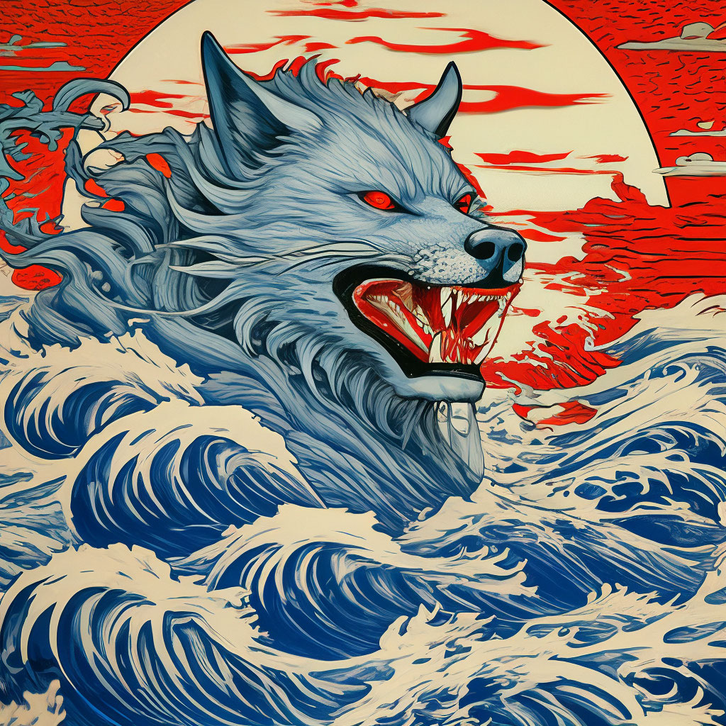 "A mythical sea wolf with a mustache like a catfish, floating on the ...