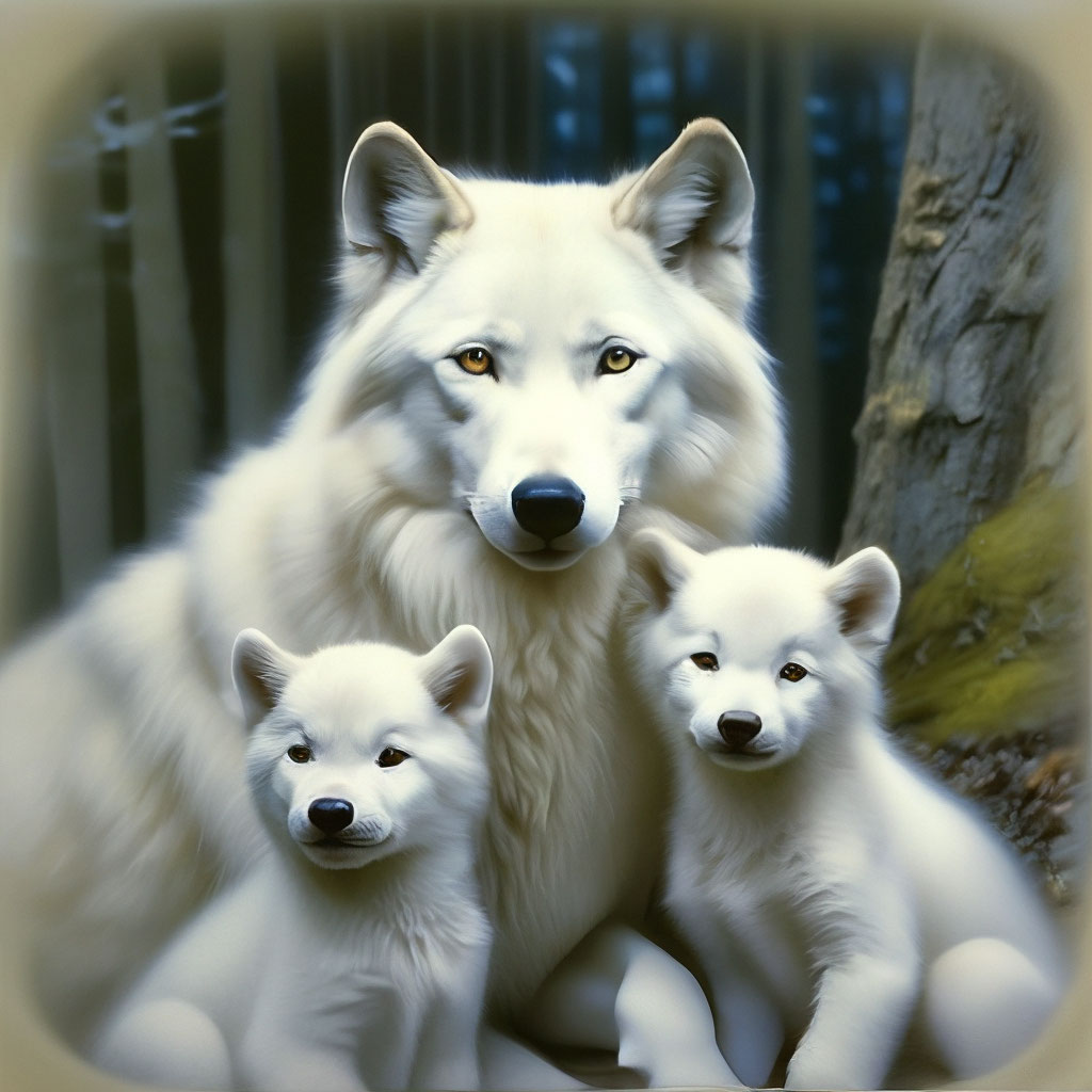 "White wolf and cubs" — image created in Shedevrum