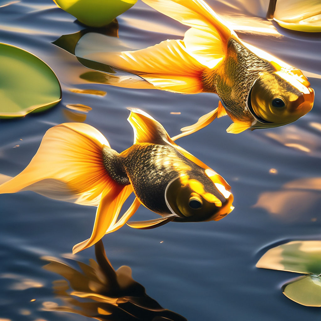 "Goldfish with long beautiful fins swim in the pond 2 pieces one gold 2 ...