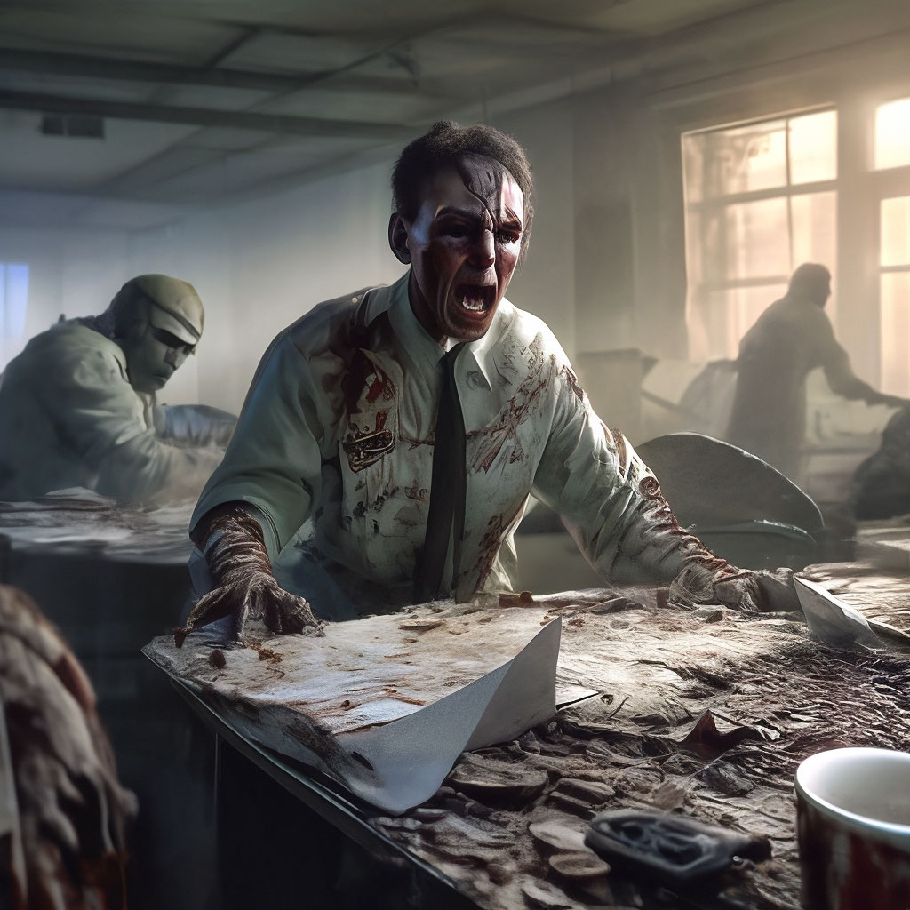 "Morning at work, zombie horror" — image created in Shedevrum