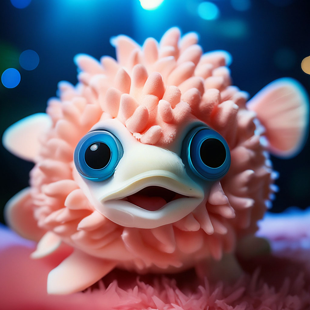 "Mega-cute fluffy live fish in a plush suit, smiling mouth smiles ...