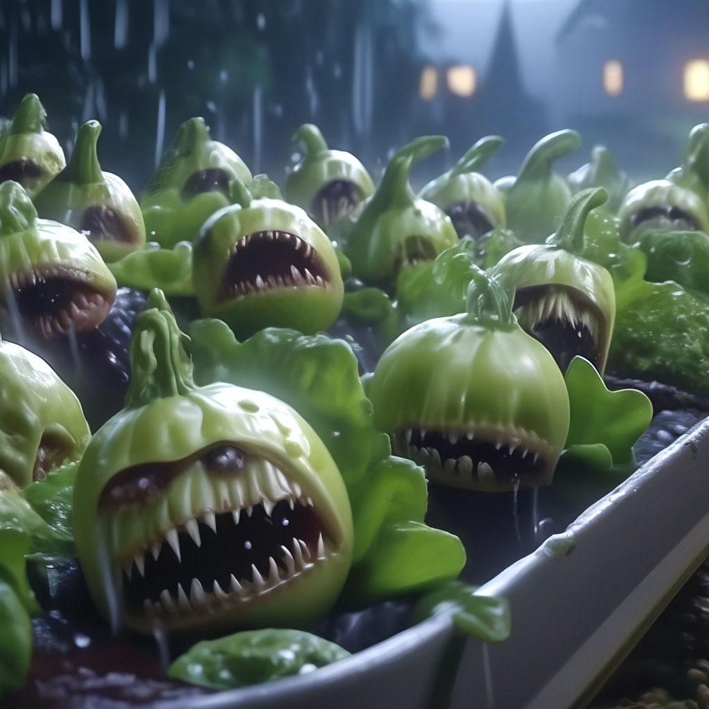 "Hyper realistic, angry exhausted vegetables with eyes and handles ...