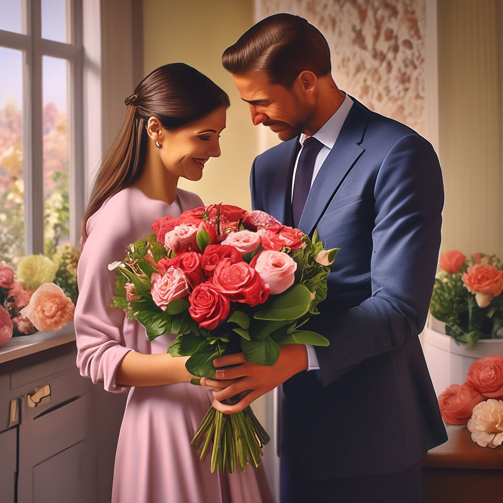 "Husband gives his wife flowers 64k" — image created in Shedevrum