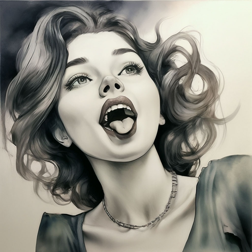 "Watercolor and ink drawing, beautiful girl, top view, eyes open and ...