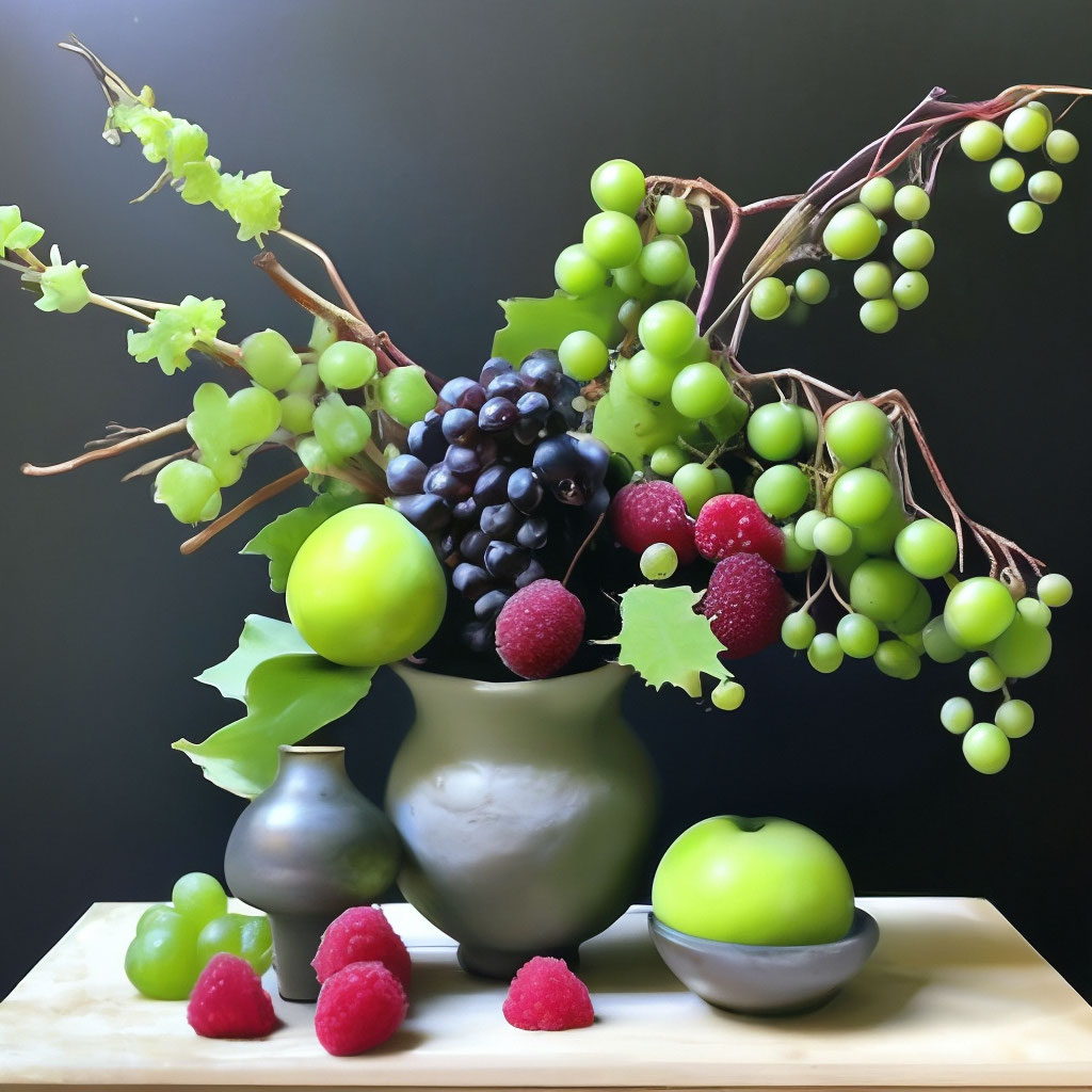 "Branches with raspberries,green grapes, graphite, velvet black, gray ...