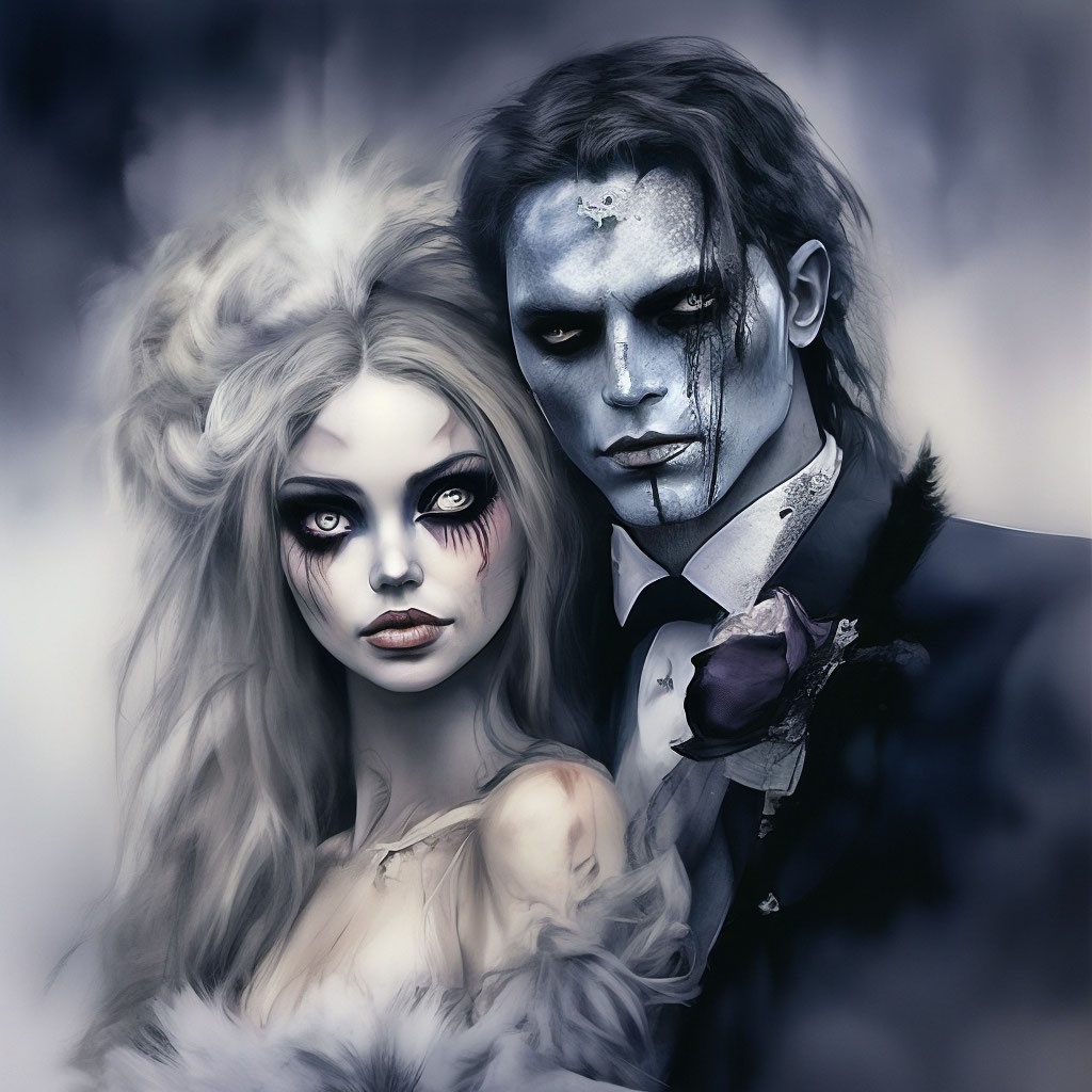 "Horror A couple in love, a very beautiful zombie, long lush eyelashes ...