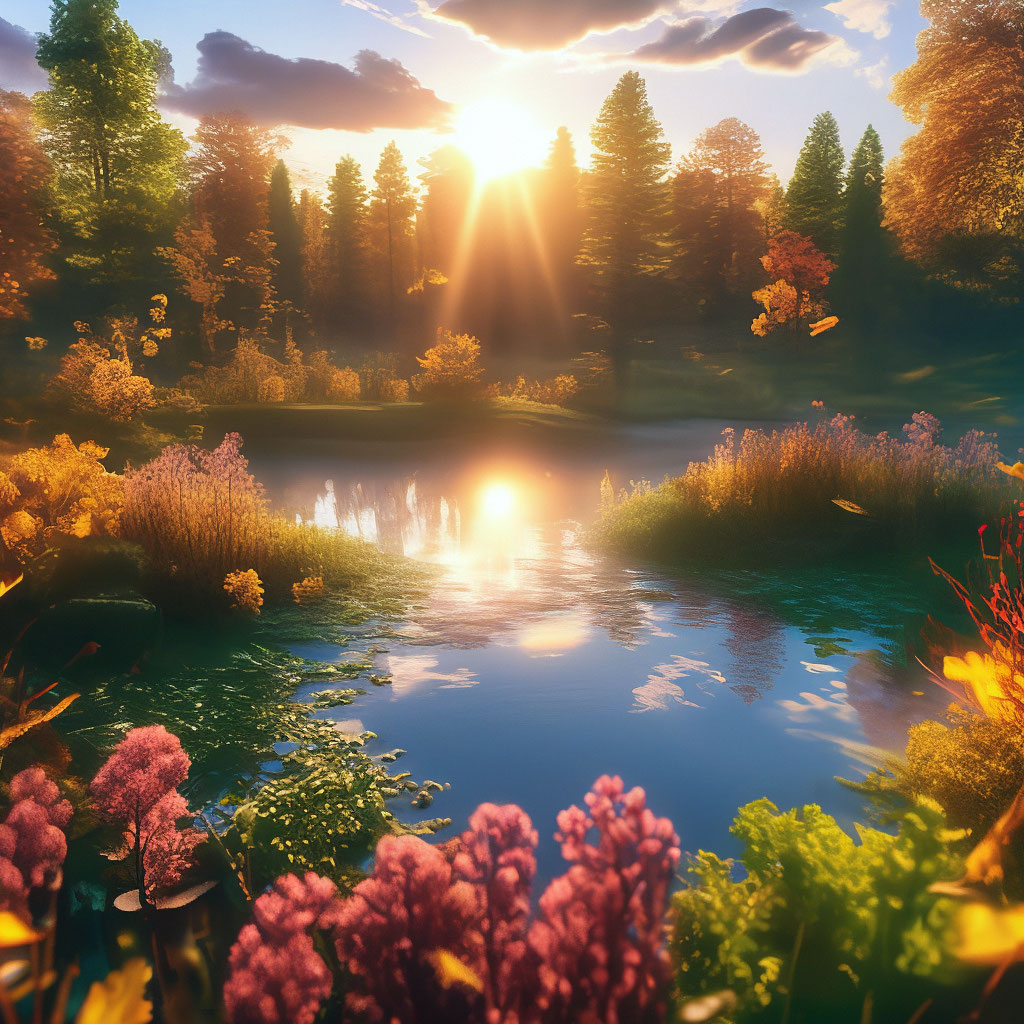 "Transparent mini lake in the forest sunset, bushes and trees, banks ...