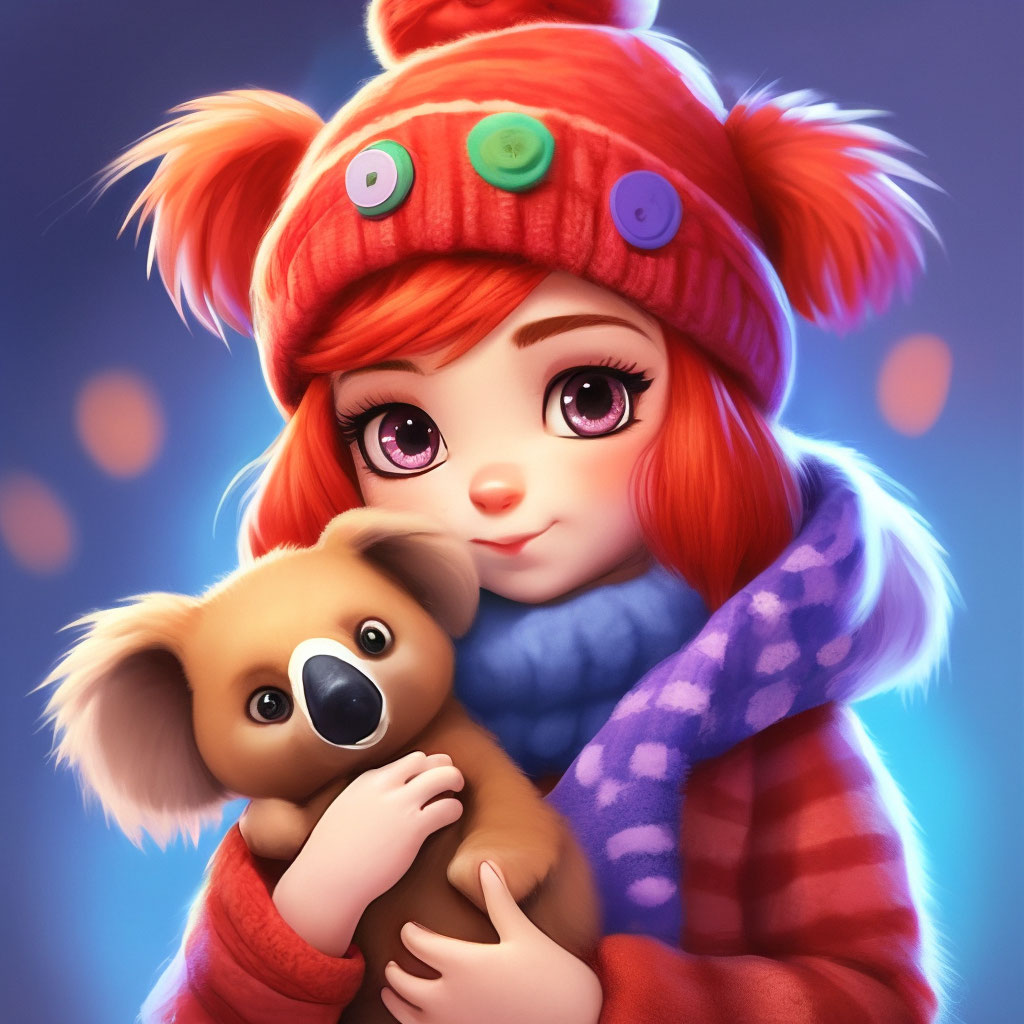 "🐾 girl, red hair, with a small koala, fluffy, cute, sweater, hat ...