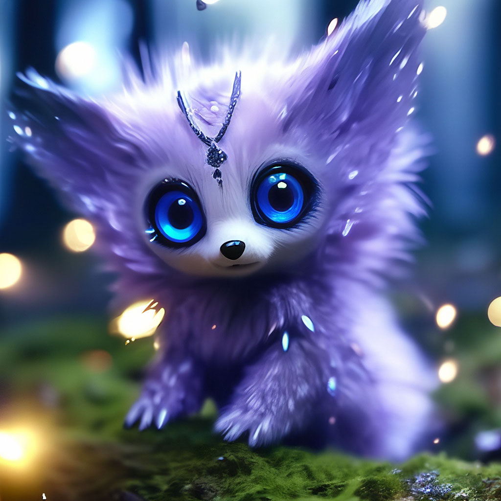 "Small furry creature, lilac color, with big blue eyes, glitter eyes ...