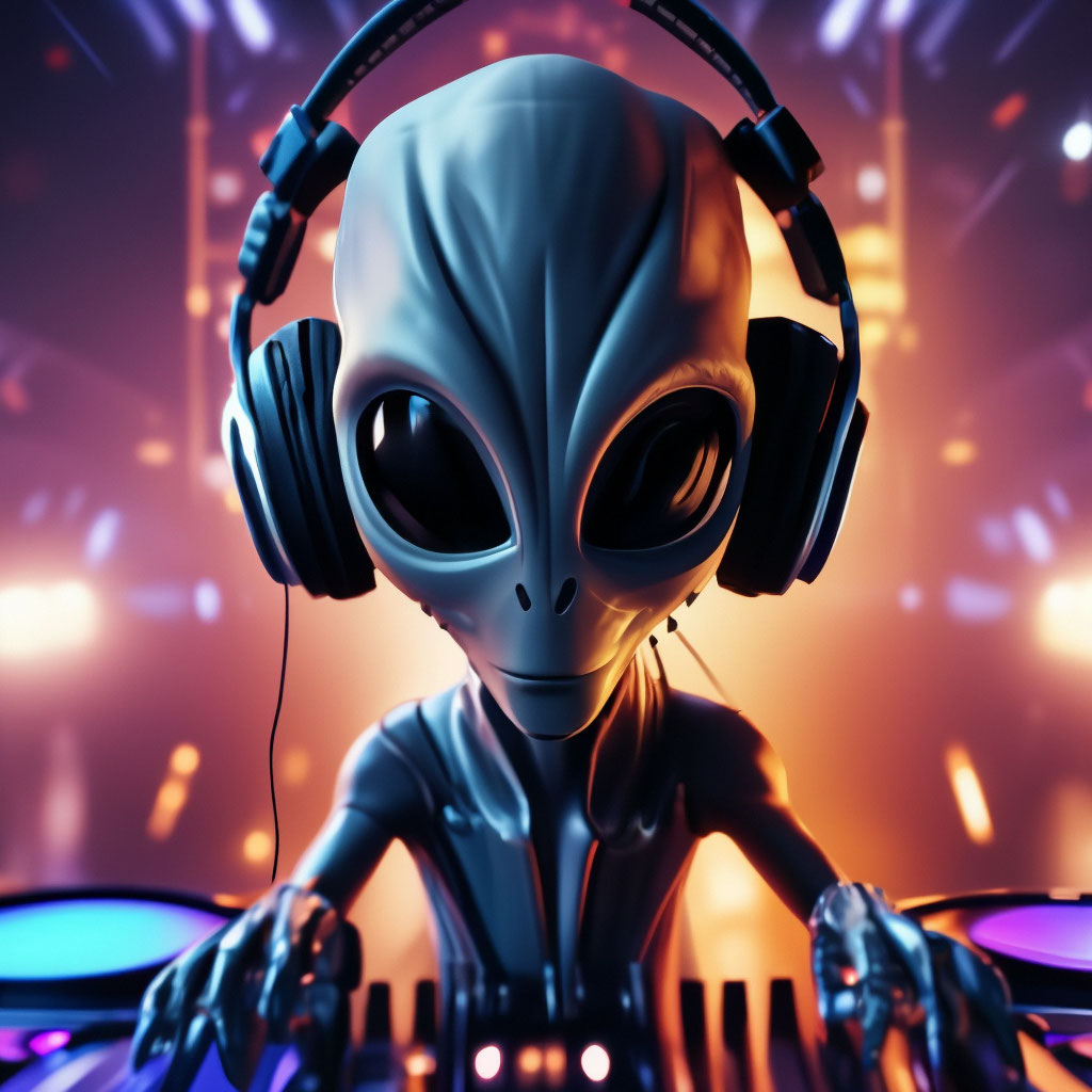 "A kind alien with beautiful big black eyes in headphones behind a DJ ...