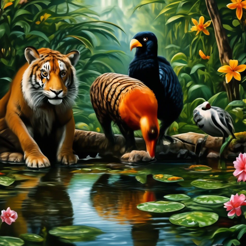 "Animals by a pond in the jungle, hyperrealism, surrealism ...