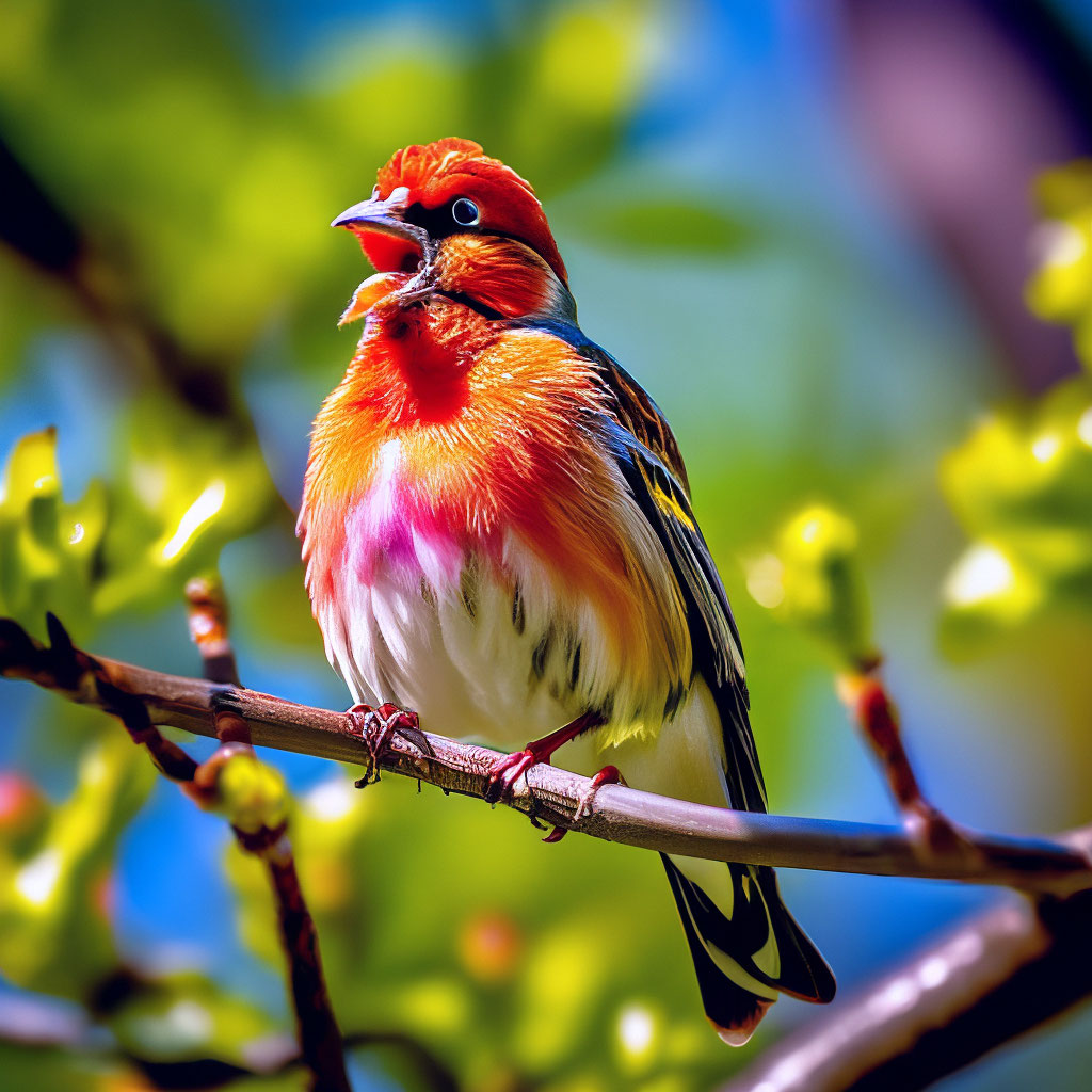 "A finch sits on a branch and sings loudly.A bright, beautiful bird ...