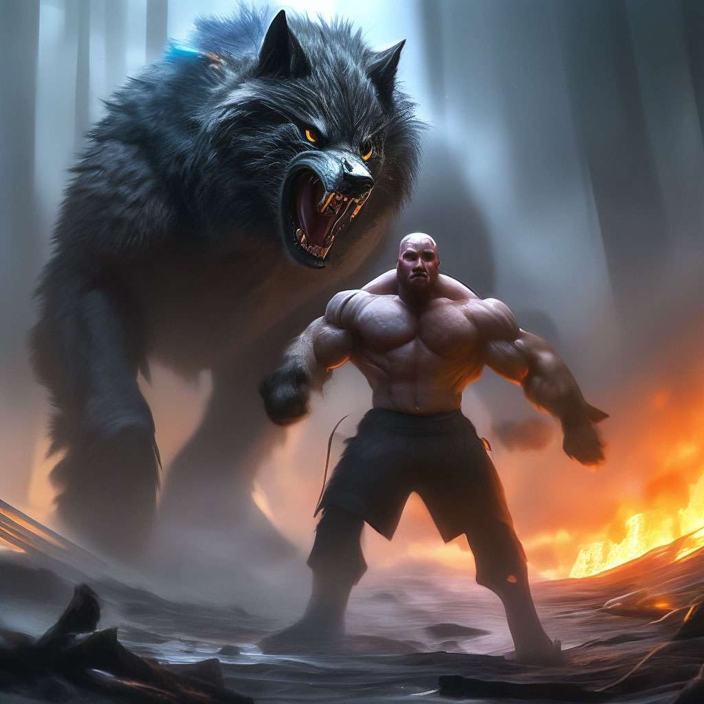 "Bright colors,werewolf-bodybuilder, fantasy, eats riding a huge wolf ...