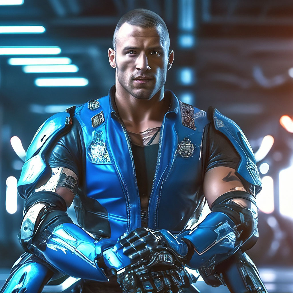 "Cyberpunk muscular men with prosthetic hands in blue leather bikers ...