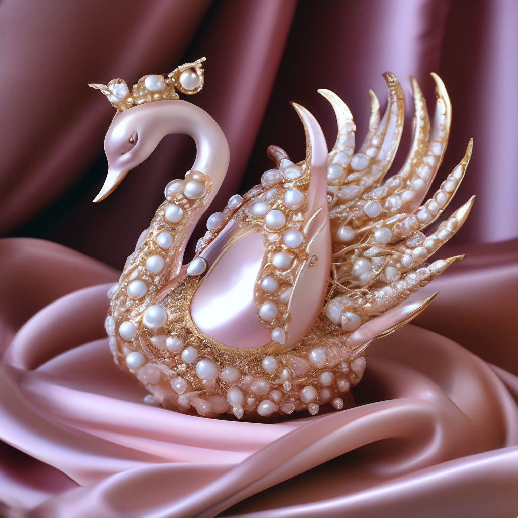 "Still life. pearl figurine in Baroque style. a luxurious swan on pink ...