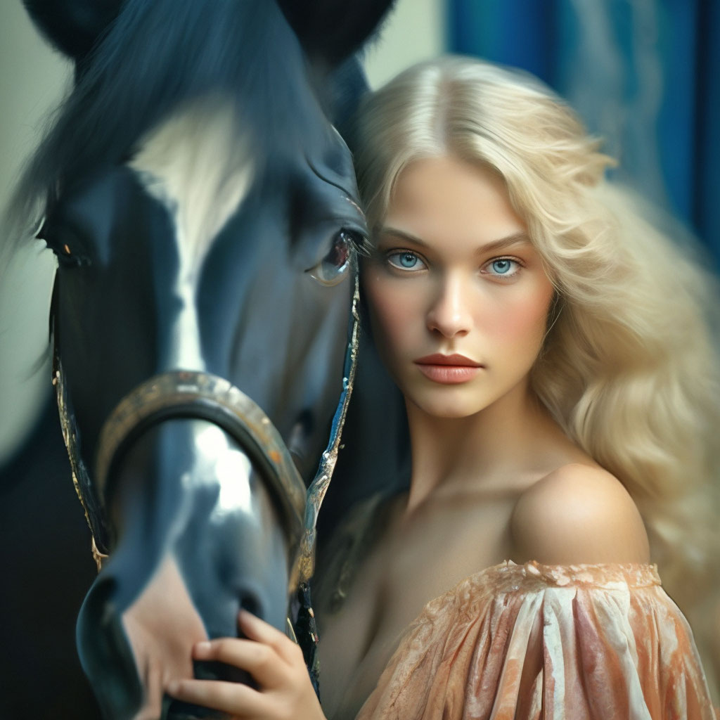 "Black horse and peasant girl, blonde, refined beautiful face, art Deco ...