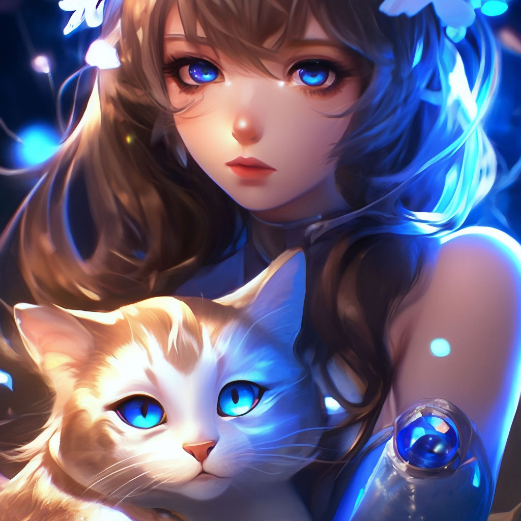 "Anime brown cat girl with a white cat, with a holographic skin color ...