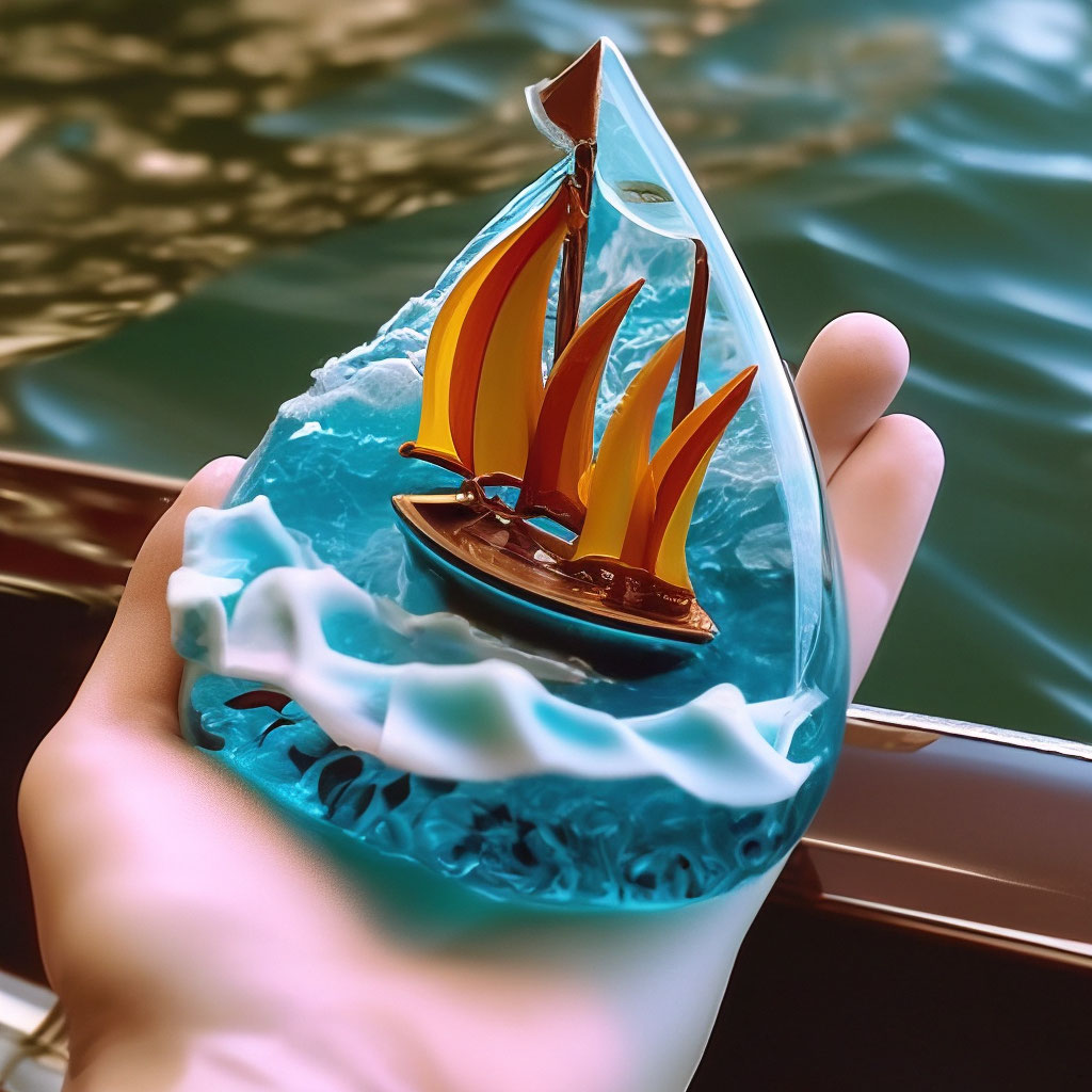 "3d epoxy resin boat sails into the infinity of waves in the palm of ...