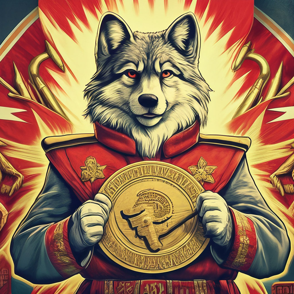 "Poster of the USSR furry wolf pioneer holding a golden hammer and ...