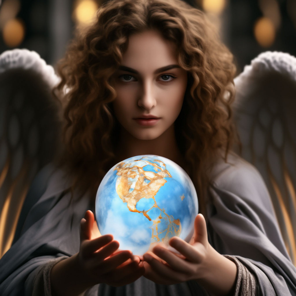 "Angel holds a crystal globe with continents in his hands, kindness ...