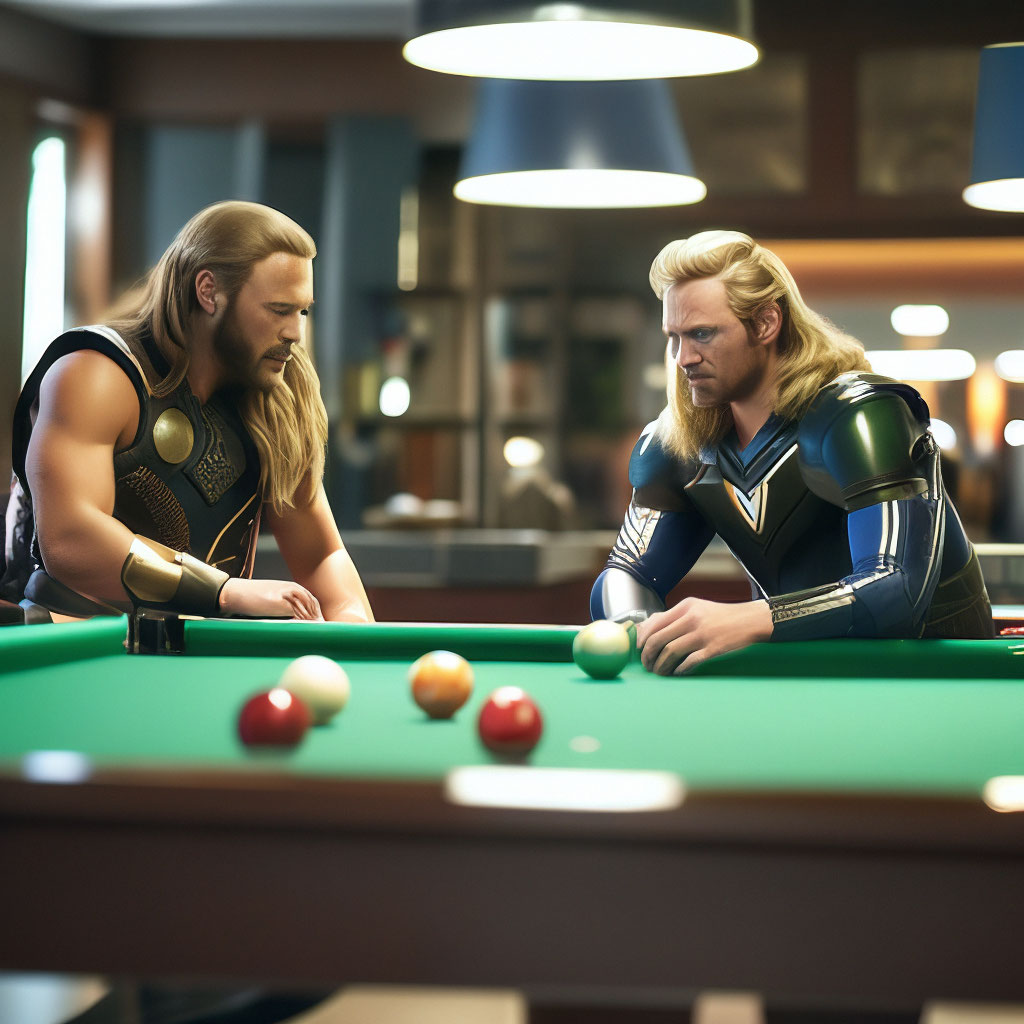 "Marvel heroes Thor and Loki play billiards, common room, 30mm lens, 1 ...