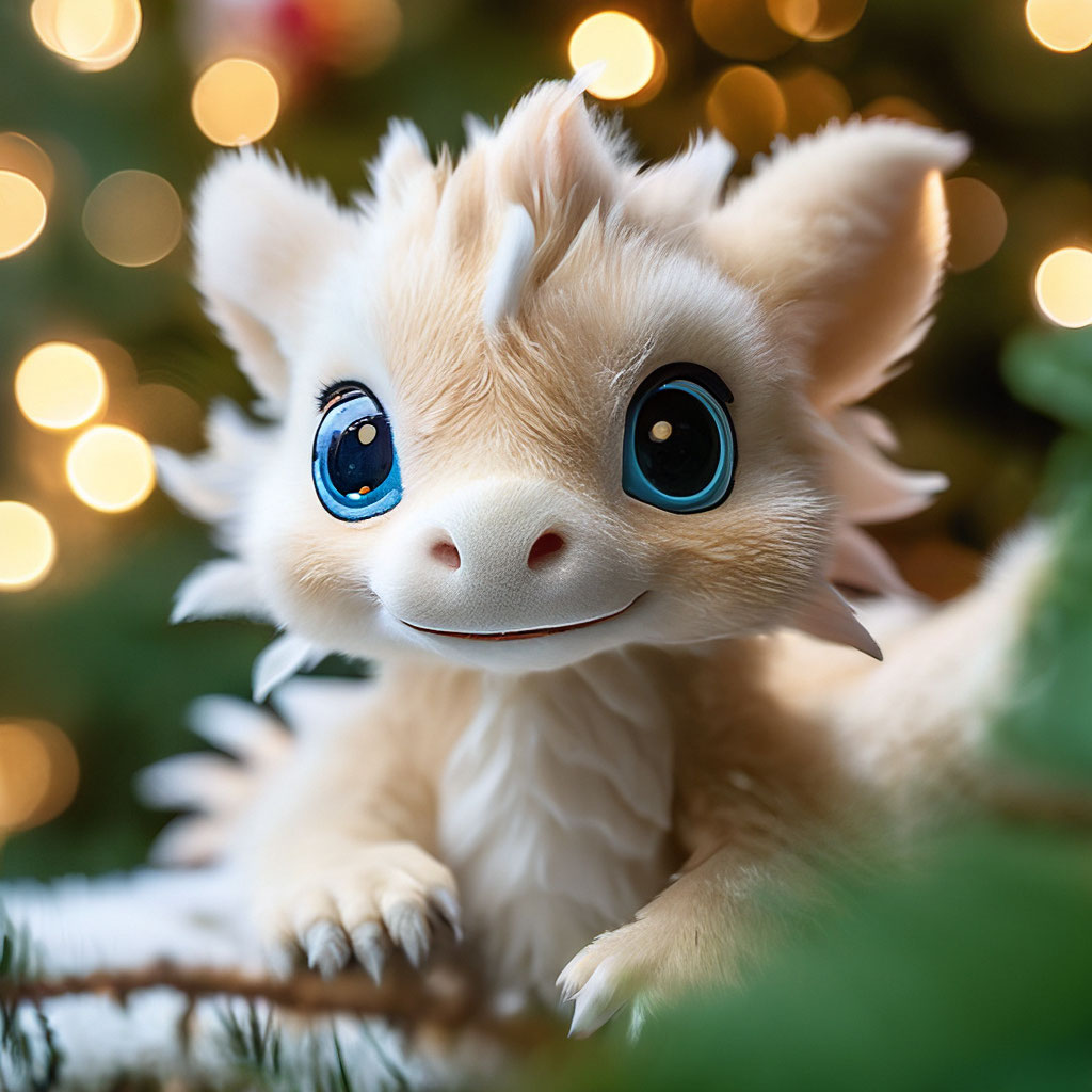 "A very cute hyper fluffy gentle baby dragon with beige white fur peeks ...