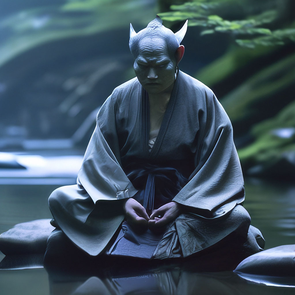 "Kappa-Japanese spirit sitting, night, ancient Japan, near the river ...