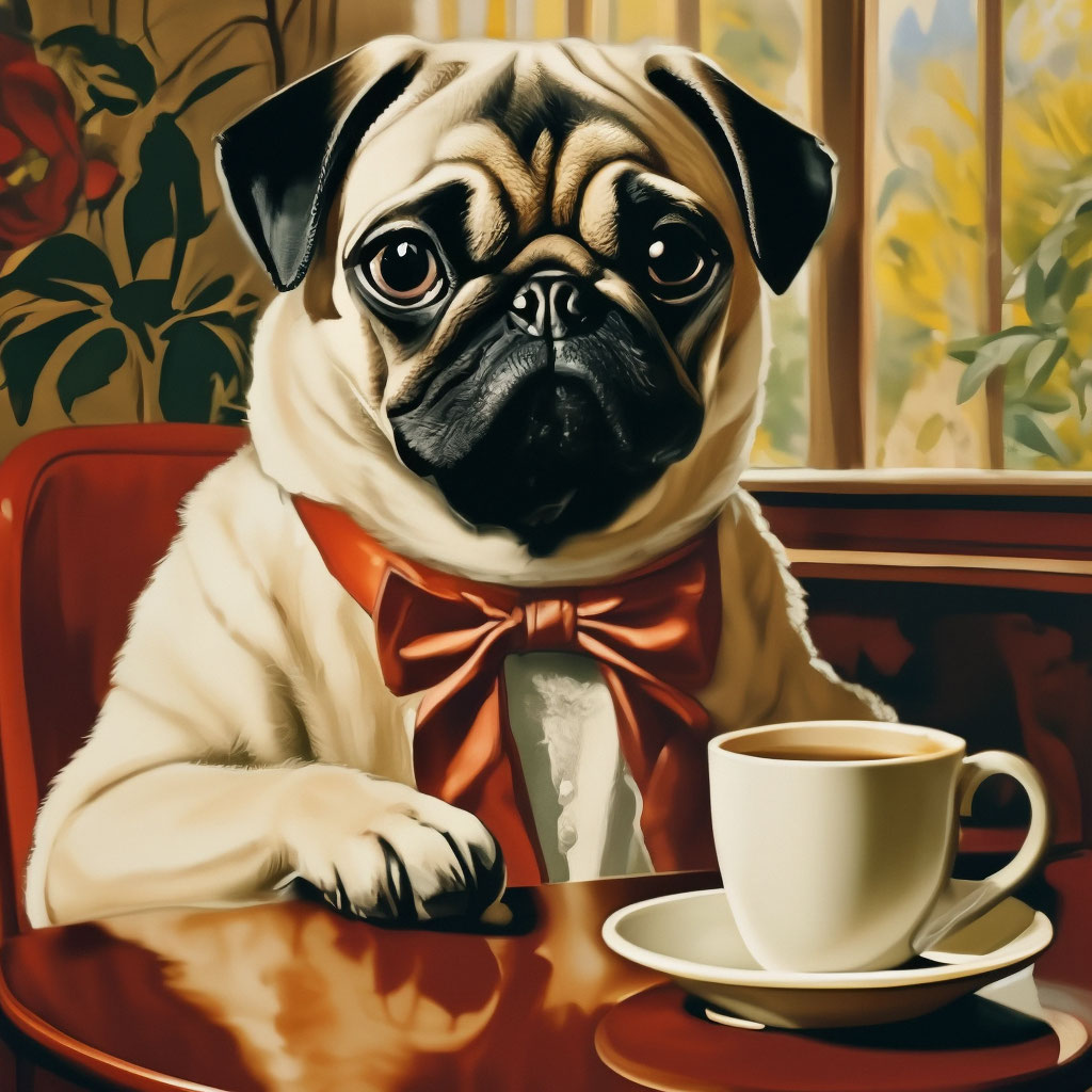 "Pug drinks coffee in the morning" — image created in Shedevrum