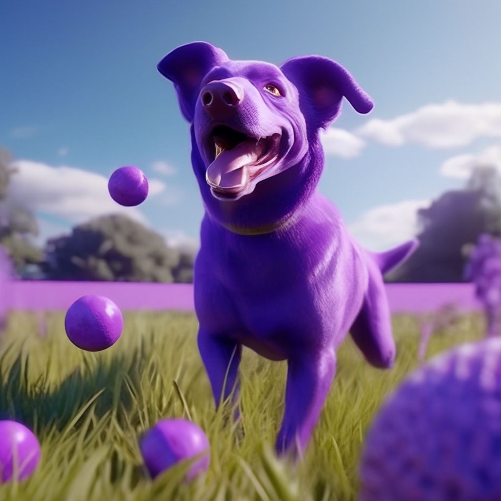 "Purple dog 3 D in the field playing ball" — image created in Shedevrum