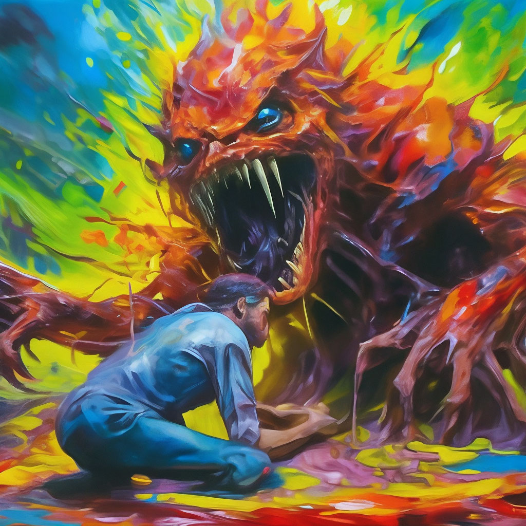 "The monster tears the human body apart. Oil painting in the style of ...